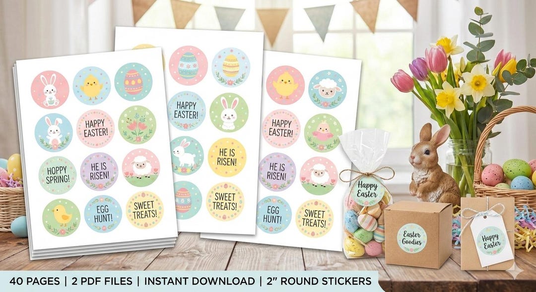 Happy Easter Round Labels | Pastel Spring Bunny Chick Stickers (2 PDF ...