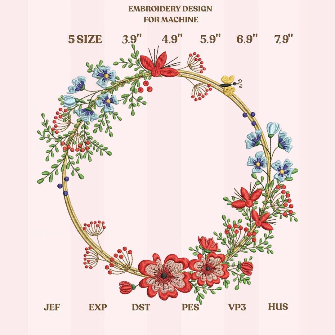 Elegant Floral Wreath Embroidery Design, DST PES JEF 5 Sizes - Etsy