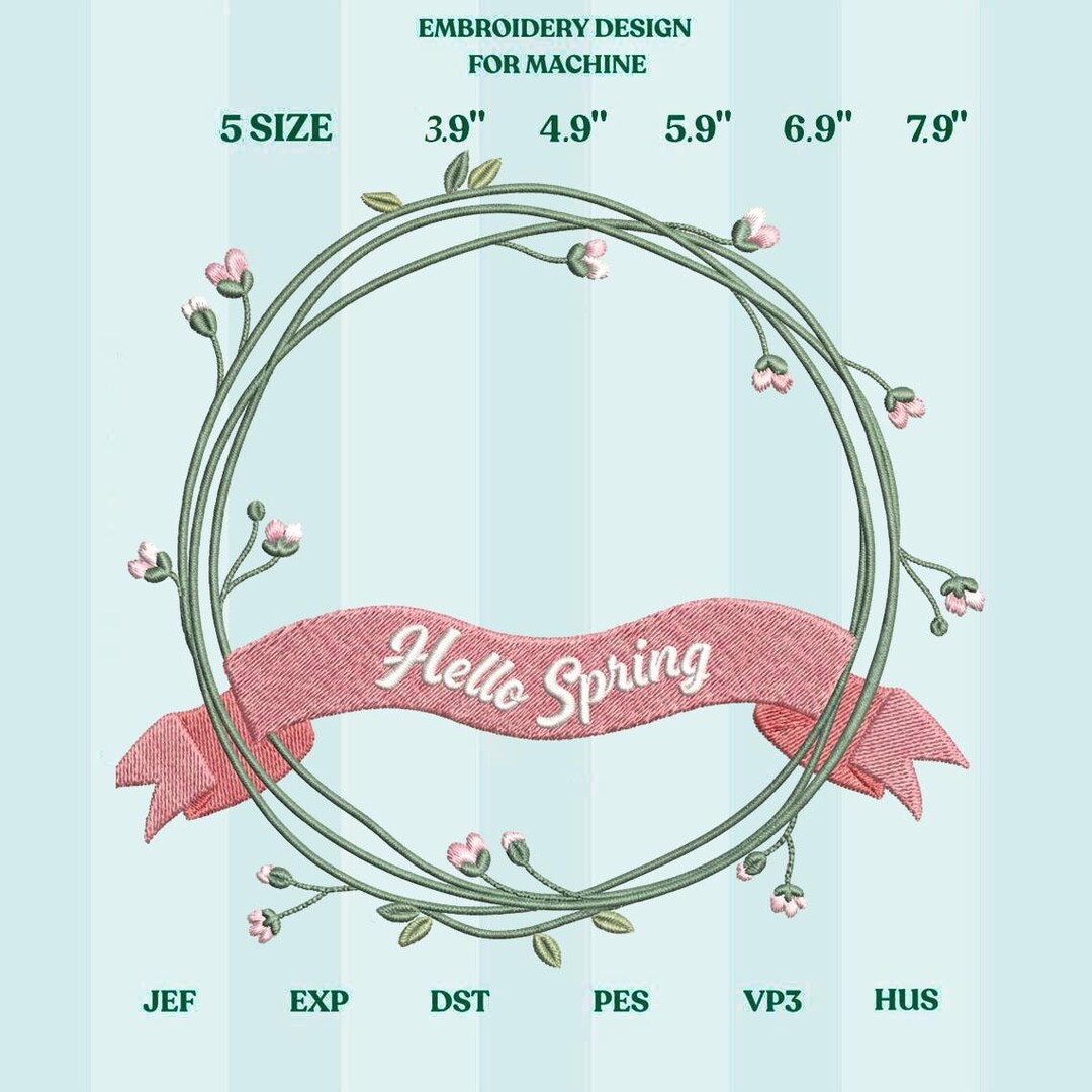 Hello Spring Floral Wreath Embroidery Design, DST PES JEF 5 Sizes - Etsy