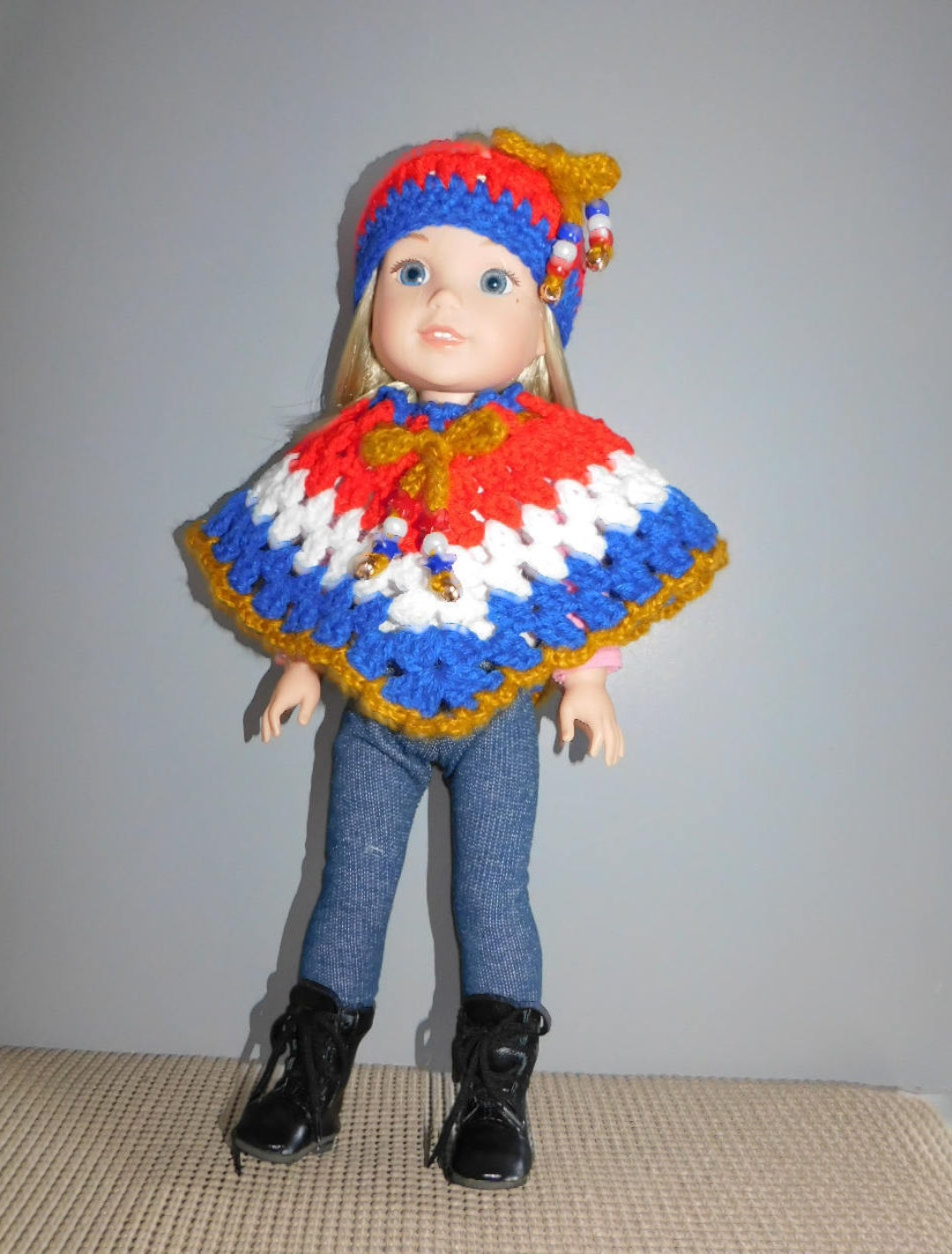 Crochet Poncho and Hat: Red White Blue Outfit for Wellie Wishers Doll ...