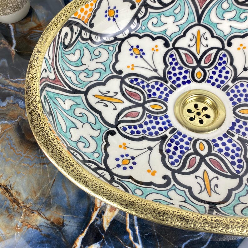 Handmade Moroccan Oval Sink – Floral Porcelain Basin With Brass - Etsy