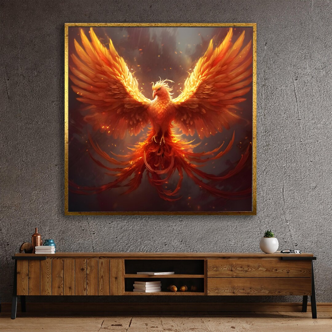 Fiery Phoenix Rising Canvas Wall Art, Mythical Bird Flame Artwork ...