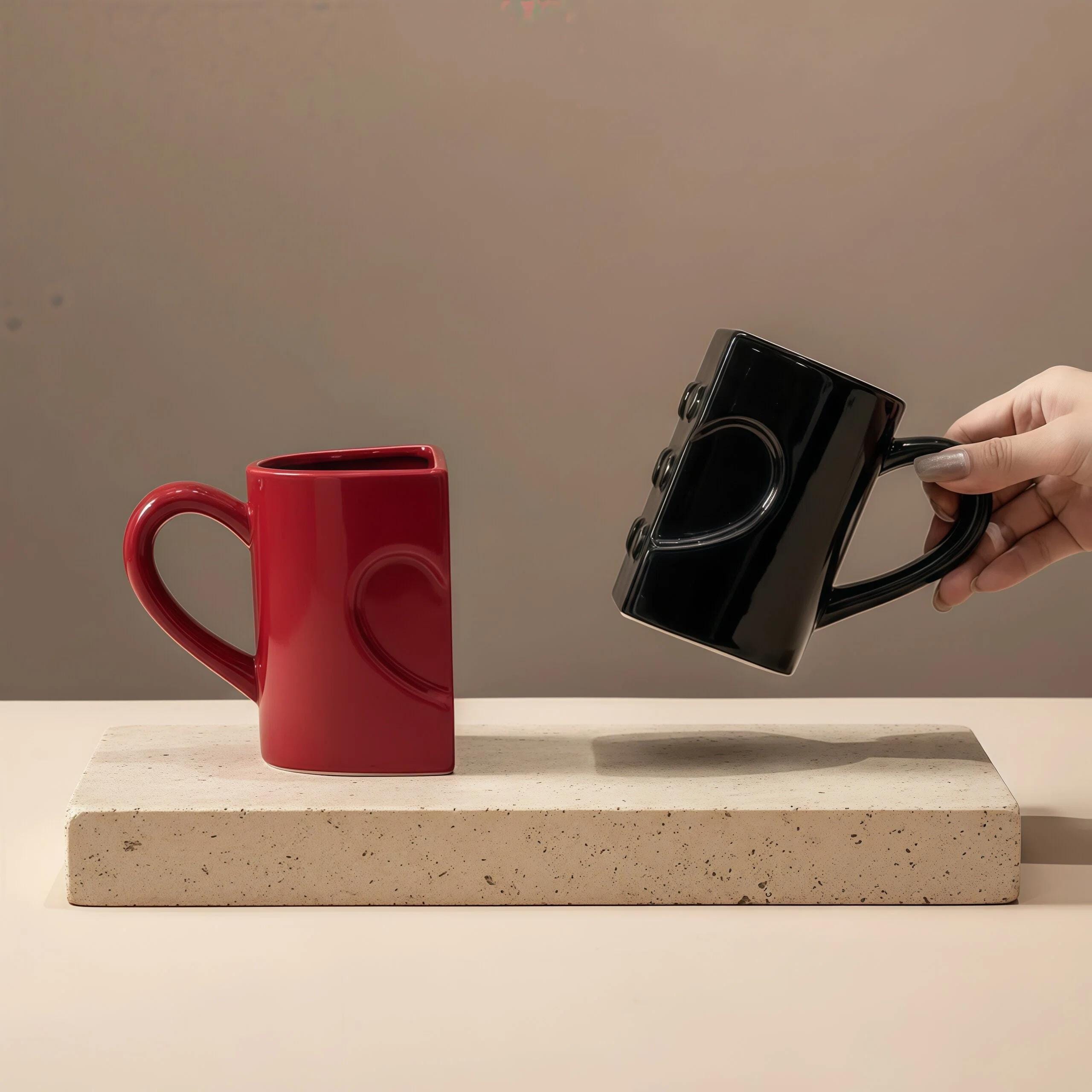 Ceramic Couple Mug Set, 250ml Heart Split Coffee Cups, Red Black or ...