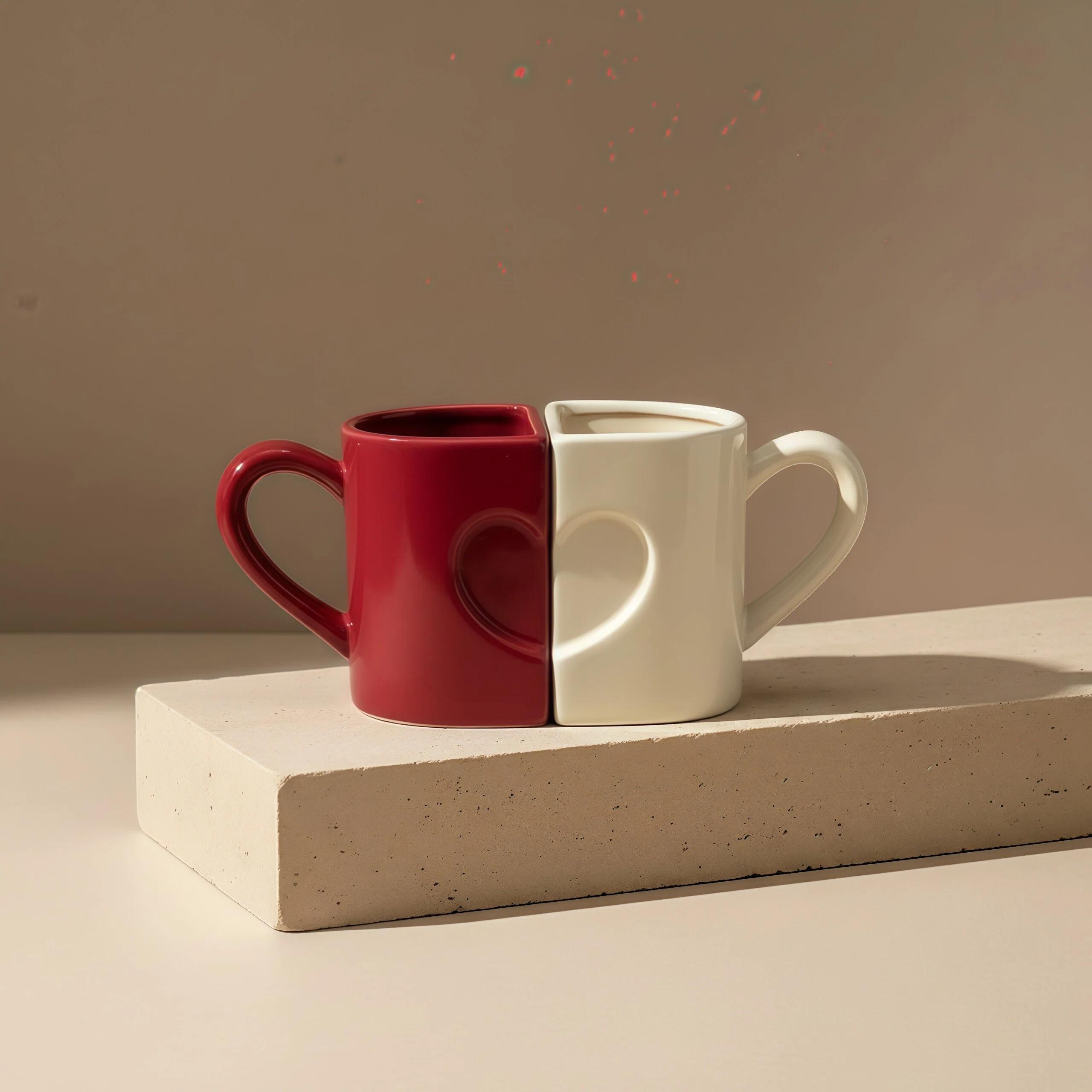 Ceramic Couple Mug Set, 250ml Heart Split Coffee Cups, Red Black or ...