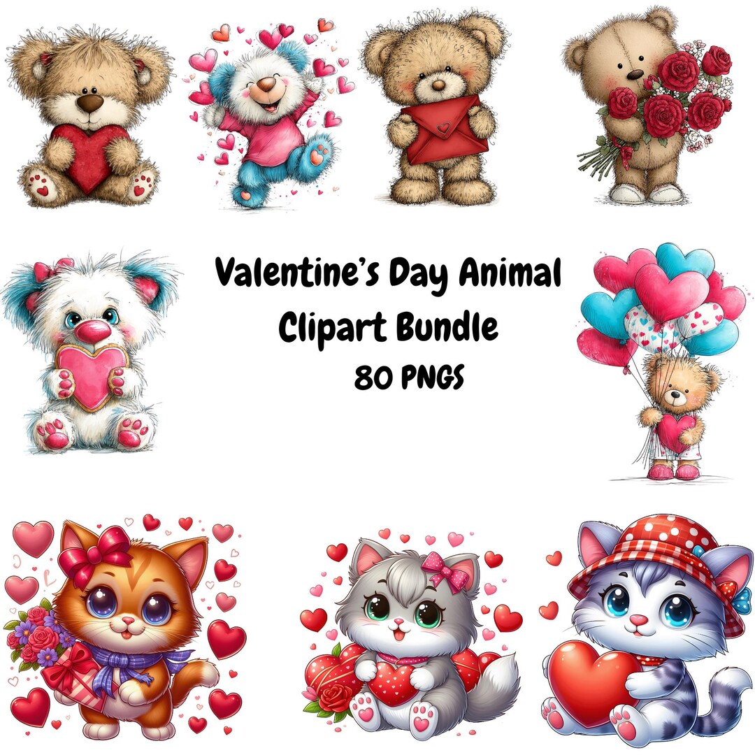 Valentine Animals Clipart Bundle | Kitten, Teddy Bear Pngs (digital ...