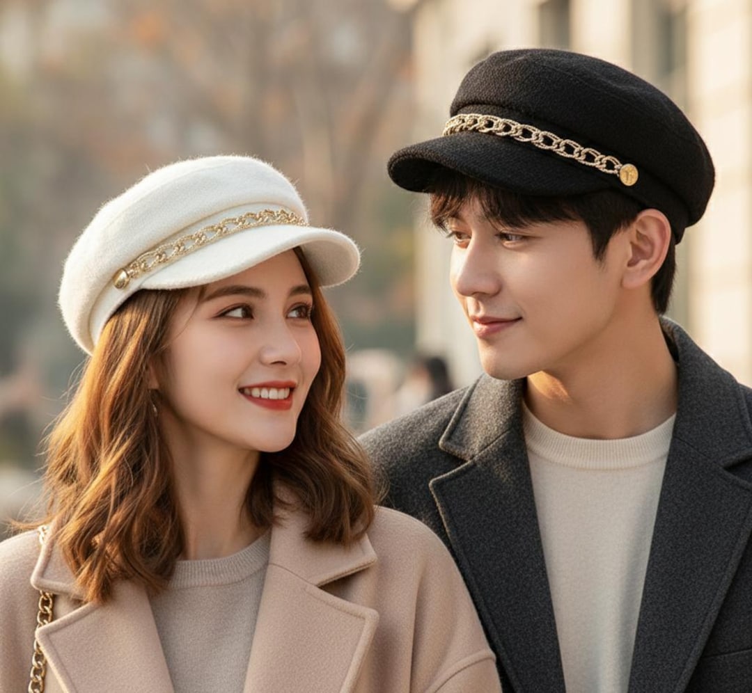 Black and White Couple Cadet Caps | Winter Newsboy Hats With Luxurious ...