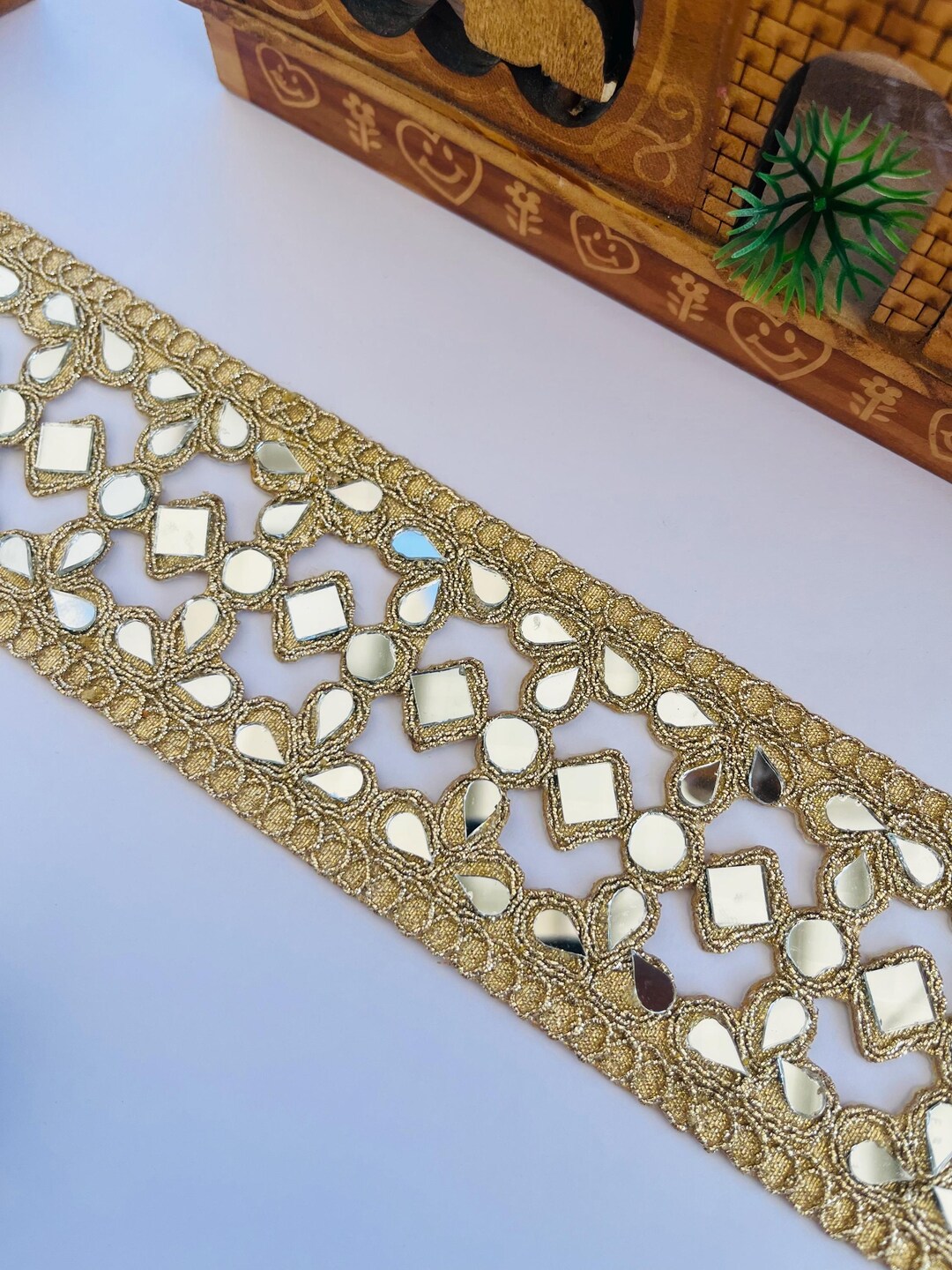 Golden Mirror Work Border | 2.25 Inch Zari Craft Lace by Yard - Etsy