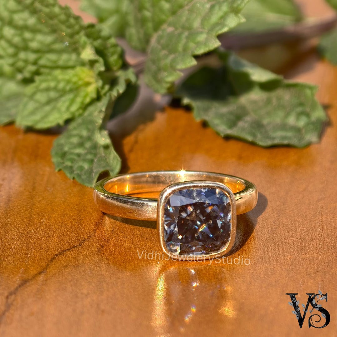 Dark Grey Cushion Cut Engagement Ring . Bezel Set Moissanite Solitaire ...