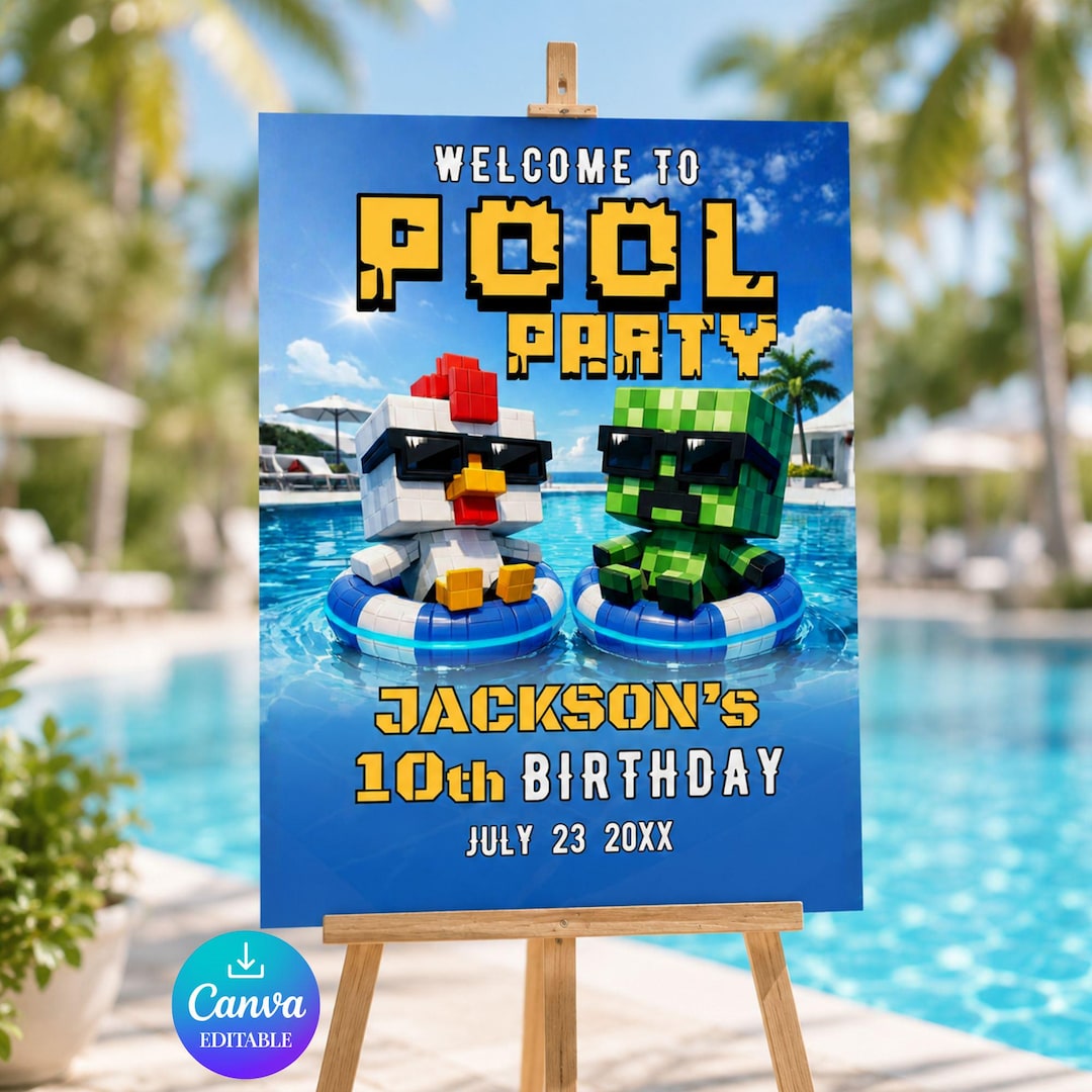 Pixel Block Pool Party Welcome Sign | Birthday Sign 18x24 | Editable ...