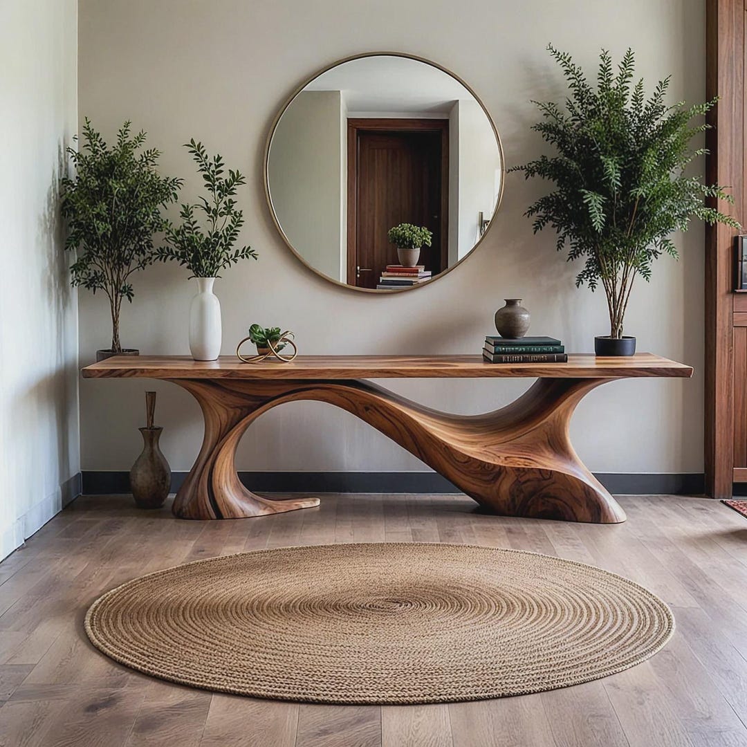 Natural Solid Wood Console Table, Sculptural Organic-base Entryway ...