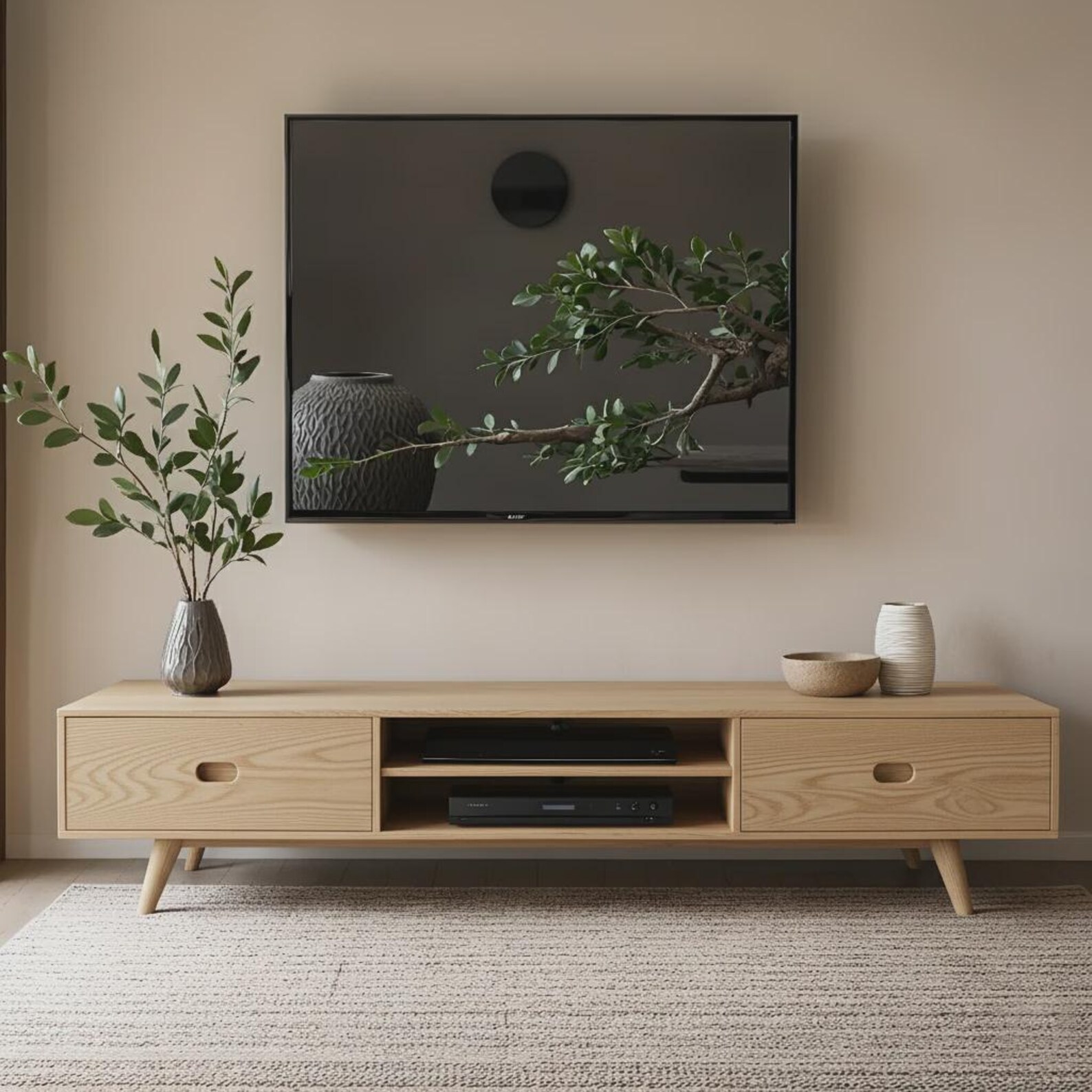 Minimalist Dark Wood TV Stand, Low TV Stand With Hidden Storage, Modern ...