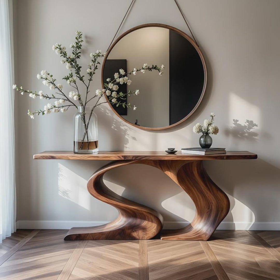 Natural Solid Wood Sculptural Wave Console Table, Modern Organic ...