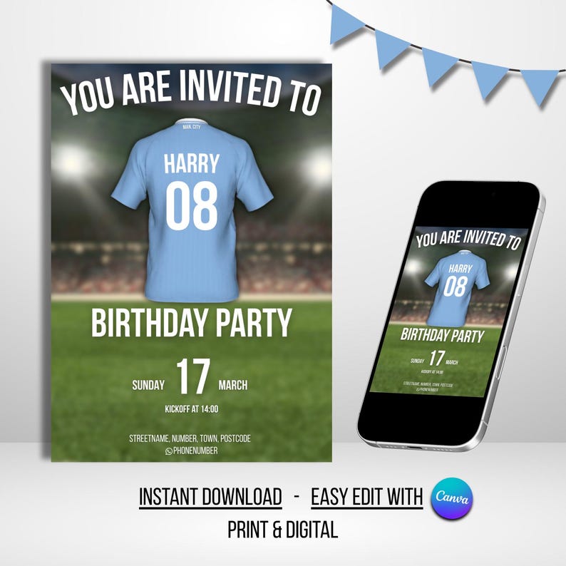 Editable Football Birthday Invitation - Manchester City-inspired ...