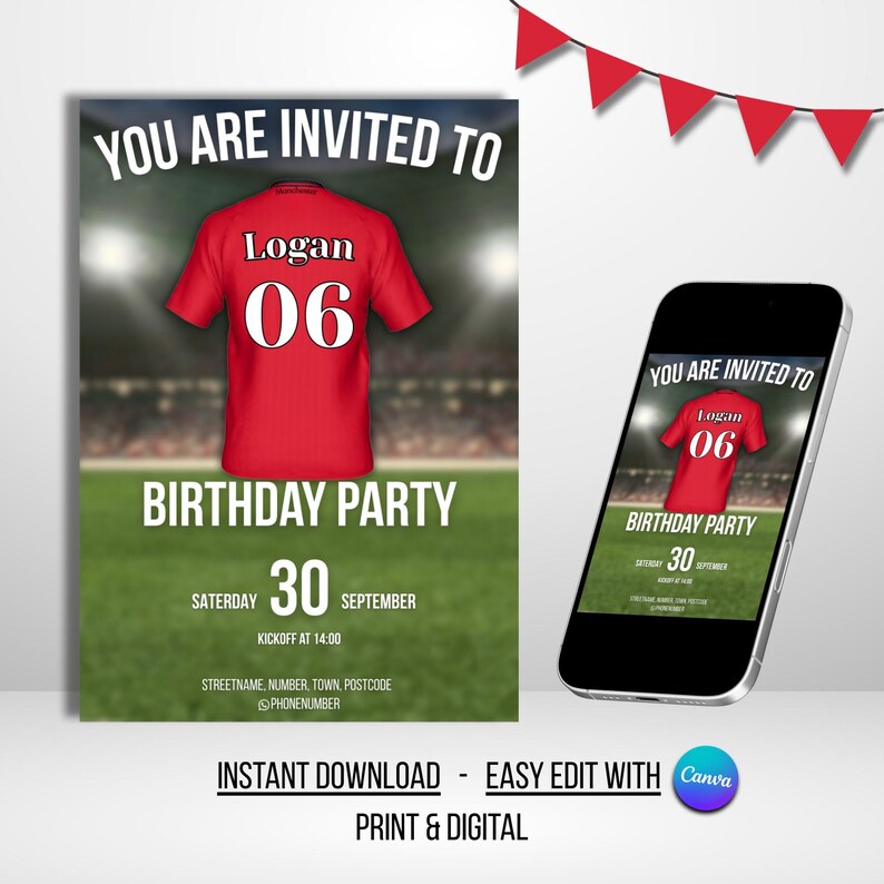 Editable Football Birthday Invitation - Manchester United-inspired ...