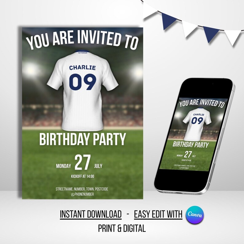 Editable Football Birthday Invitation - Tottenham Hotspurs-inspired ...