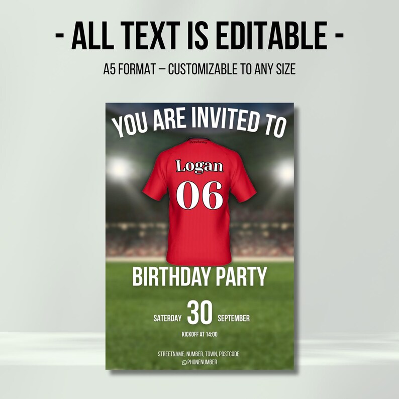 Editable Football Birthday Invitation - Manchester United-inspired ...