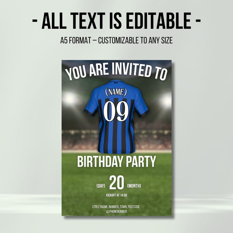 Editable Football Birthday Invitation - Inter Milan-inspired (digital ...