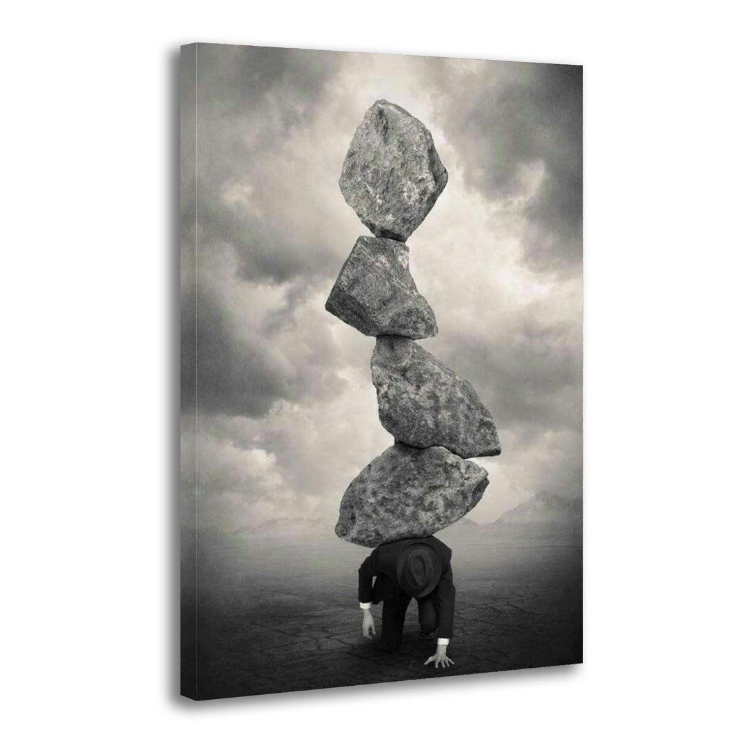 Surreal Black and White Art Print Man Carrying Stacked Rocks Burden ...