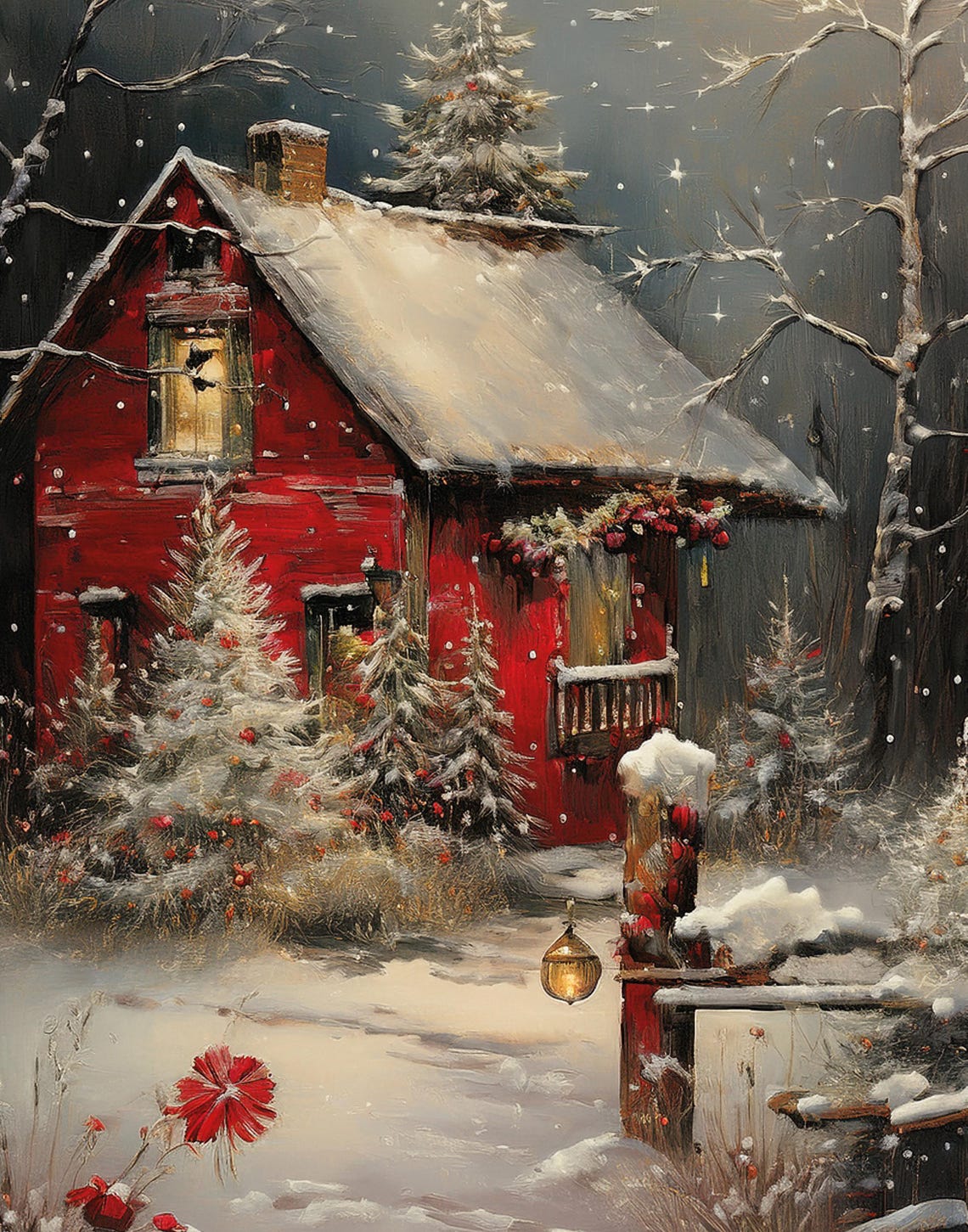 Vintage Christmas Snowy Cabin – Rustic Holiday Cottage Art - Etsy