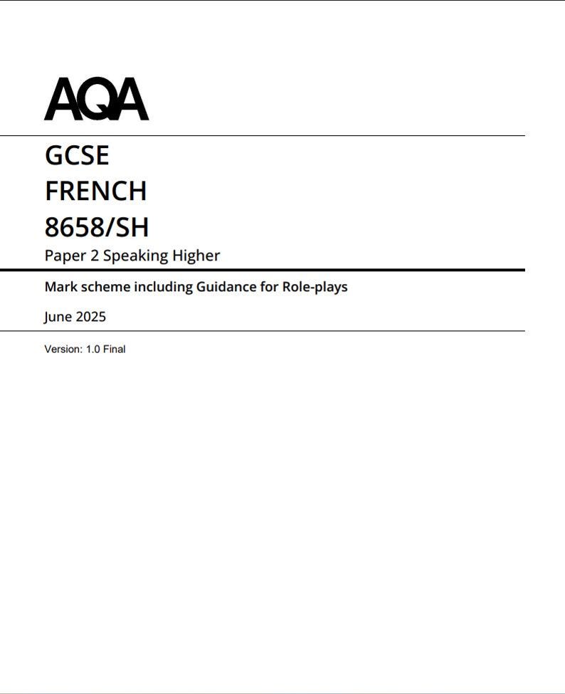 AQA GCSE FRENCH Paper 2 and Mark Scheme 8658/sf + Sh - Etsy