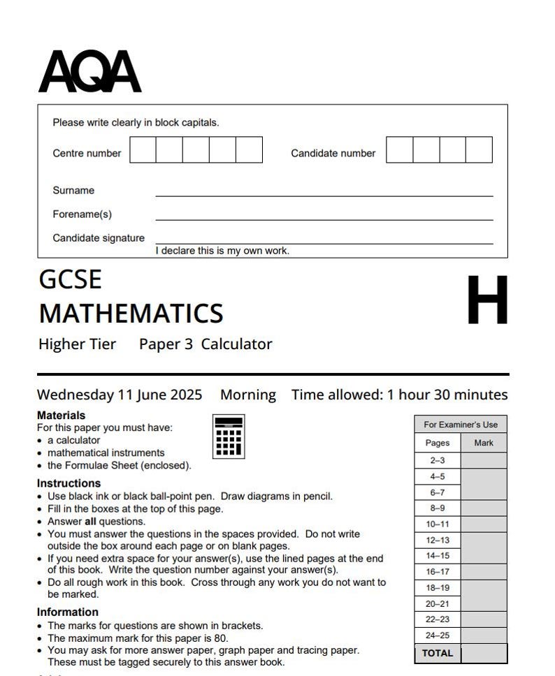 2025 Aqa Gcse Mathematics Paper 3 and Mark Scheme 8300/3h - Etsy