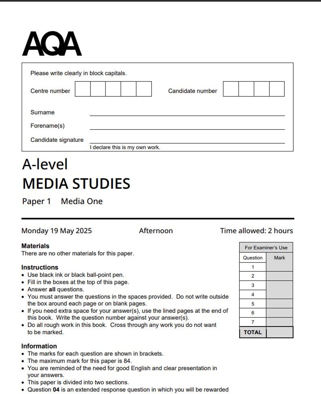 AQA A Level Media Studies Paper 1 2025 Mark Scheme 7572/1 - Etsy