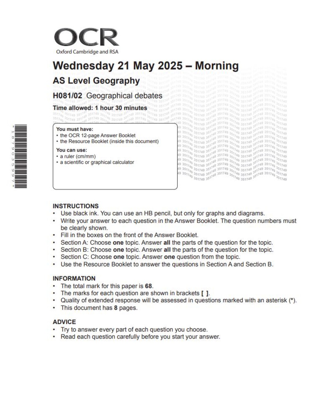 OCR AS Level Geography Paper 1 2025 Mark Scheme + Insert H081/01 - Etsy UK