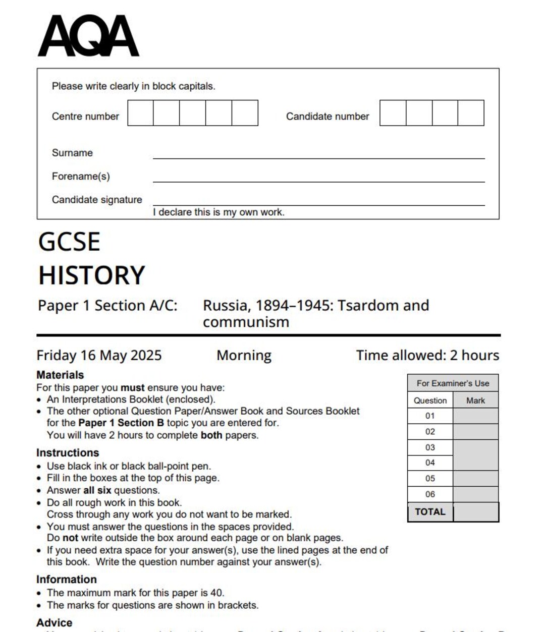 AQA GCSE History Paper 1 Section A/C 2025 Mark Scheme 8145/1A/C - Etsy UK