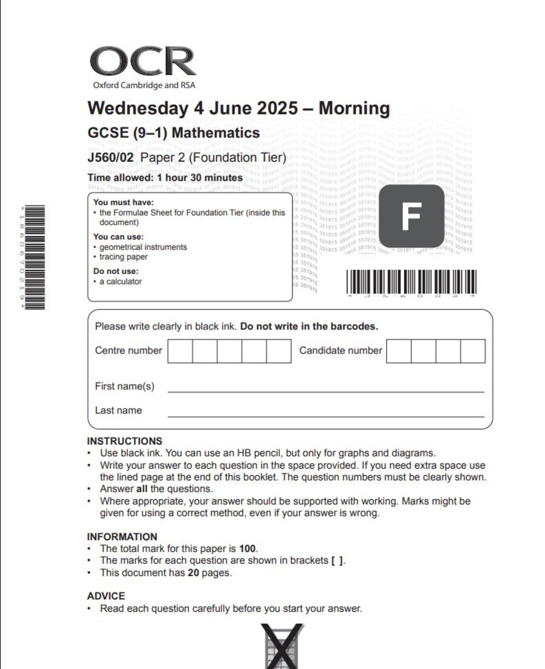 OCR GCSE Mathematics Paper 2 2025 Mark Scheme J560/02 - Etsy