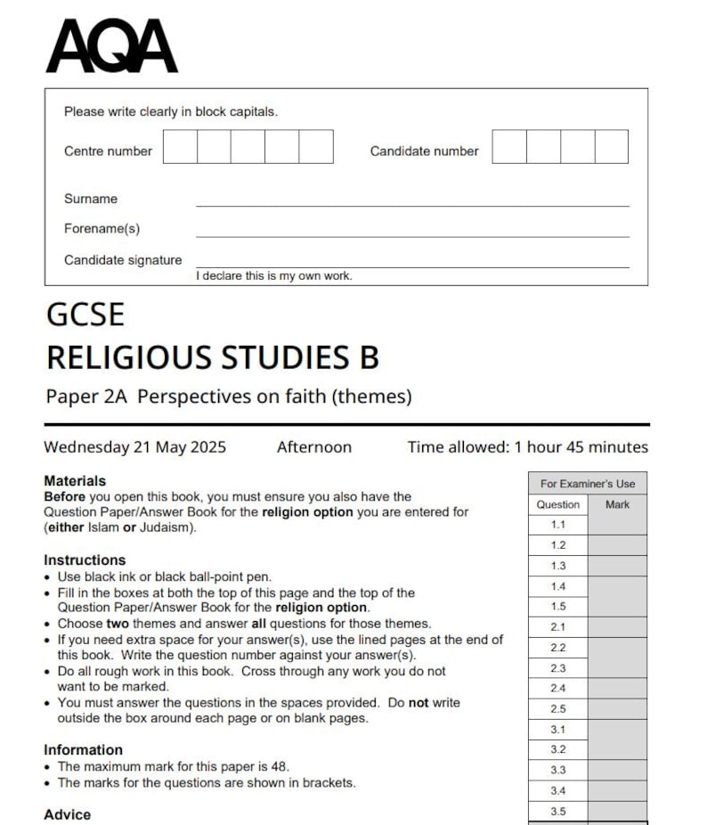 AQA GCSE Religious Studies B Paper 2A 2025 Mark Scheme 8063/2A - Etsy UK