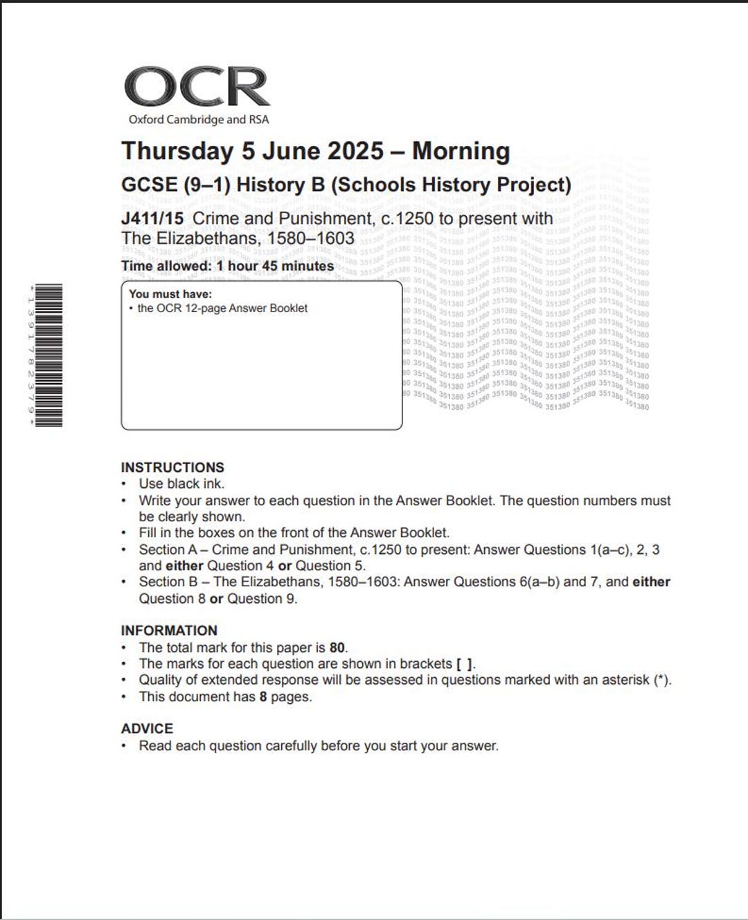 OCR GCSE History B Paper 15 2025 Mark Scheme J410/15 - Etsy