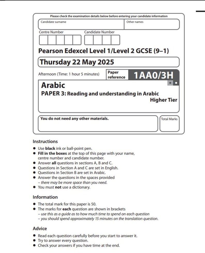 2025 Pearson Edexcel GCSE Arabic Paper 3H and Mark Scheme 1AA0/3H - Etsy