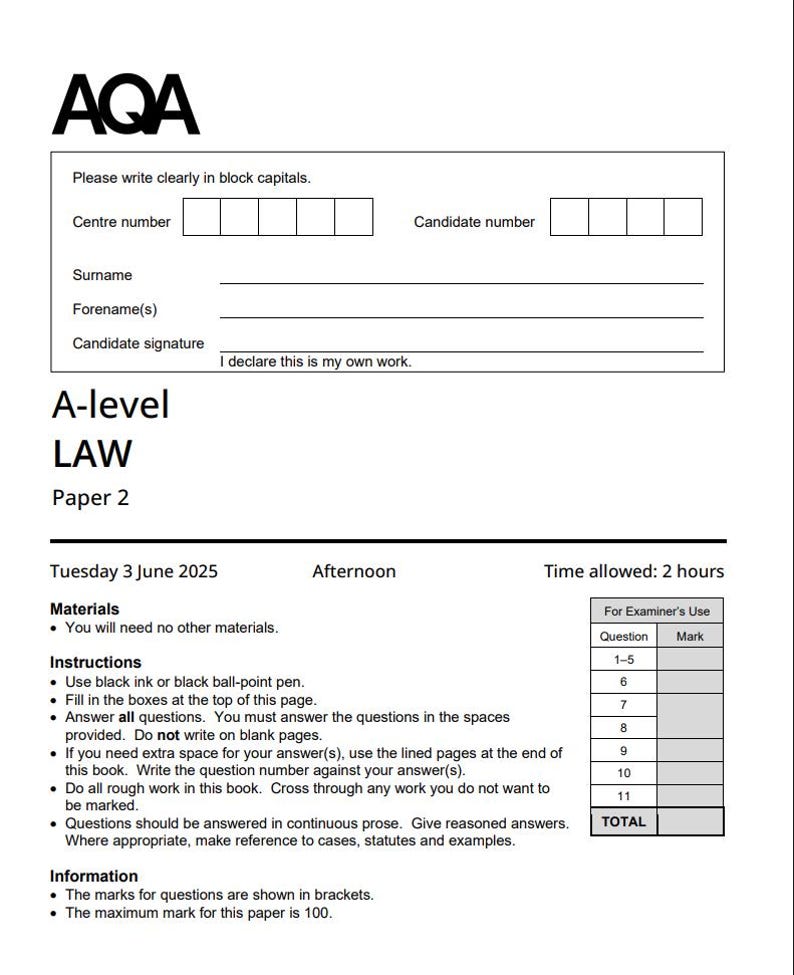 AQA A Level Law Paper 2 2025 Mark Scheme 7162/2 - Etsy