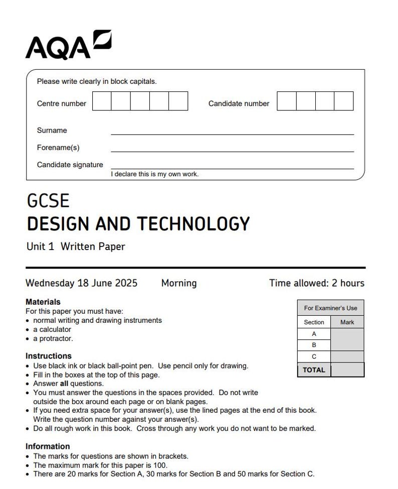 2025 Aqa Gcse Design and Technology Unit 1 and Mark Scheme 8552/W - Etsy