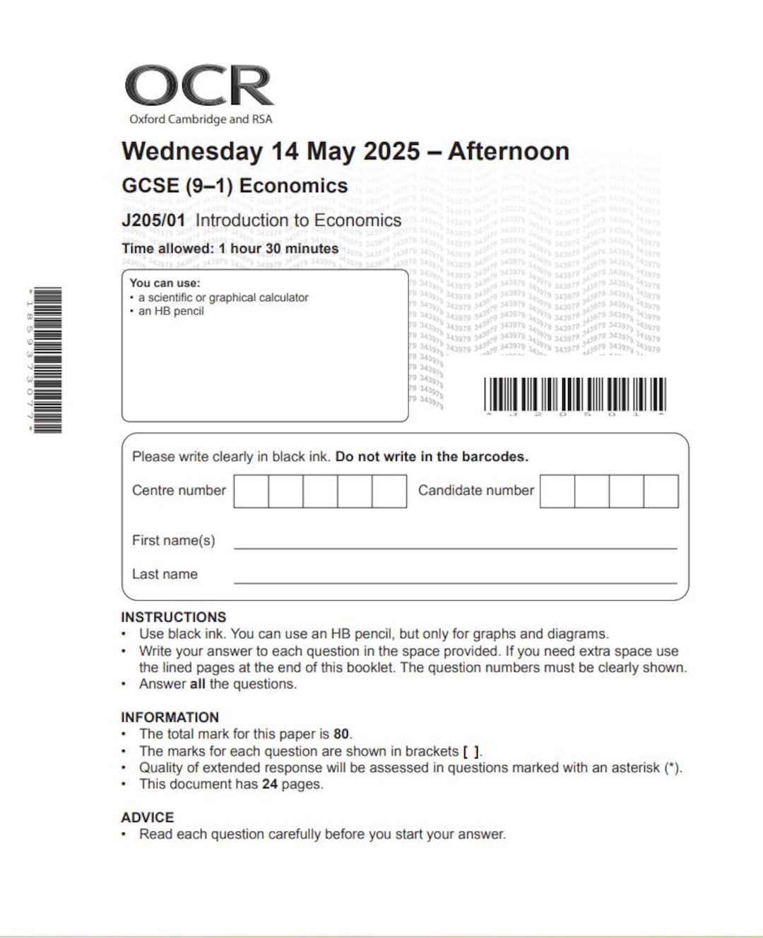 OCR GCSE Economics Paper 1 2025 Mark Scheme J205/01 - Etsy