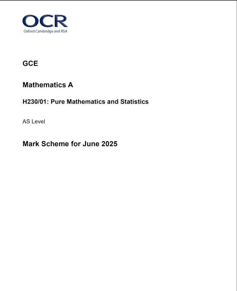 OCR AS Level Mathematics A Paper 1 2025 Mark Scheme H230/01 - Etsy