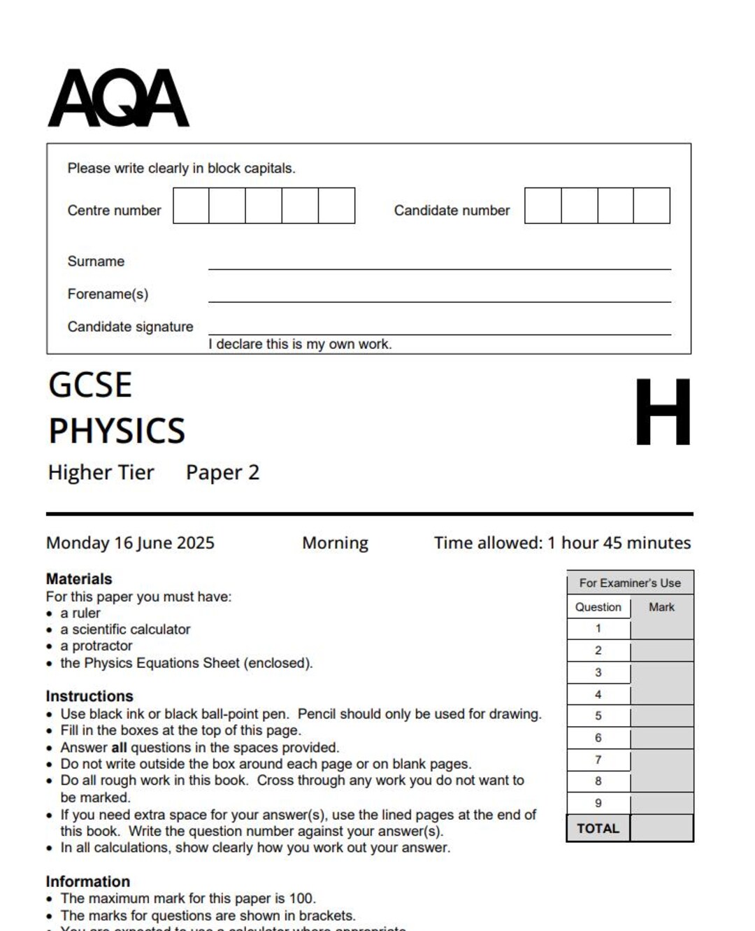 2025 AQA GCSE Physics Paper 2 and Mark Scheme 8463/2H - Etsy