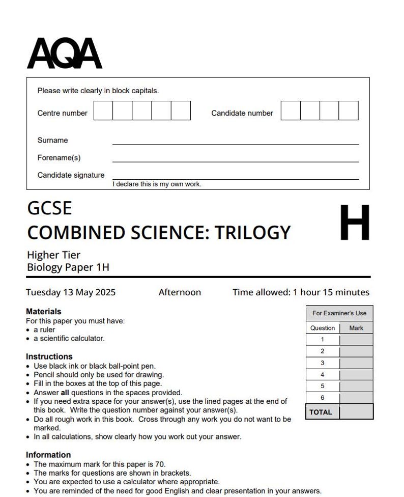 AQA GCSE Combined Science Trilogy Biology Paper 1h 2025 Mark Scheme ...