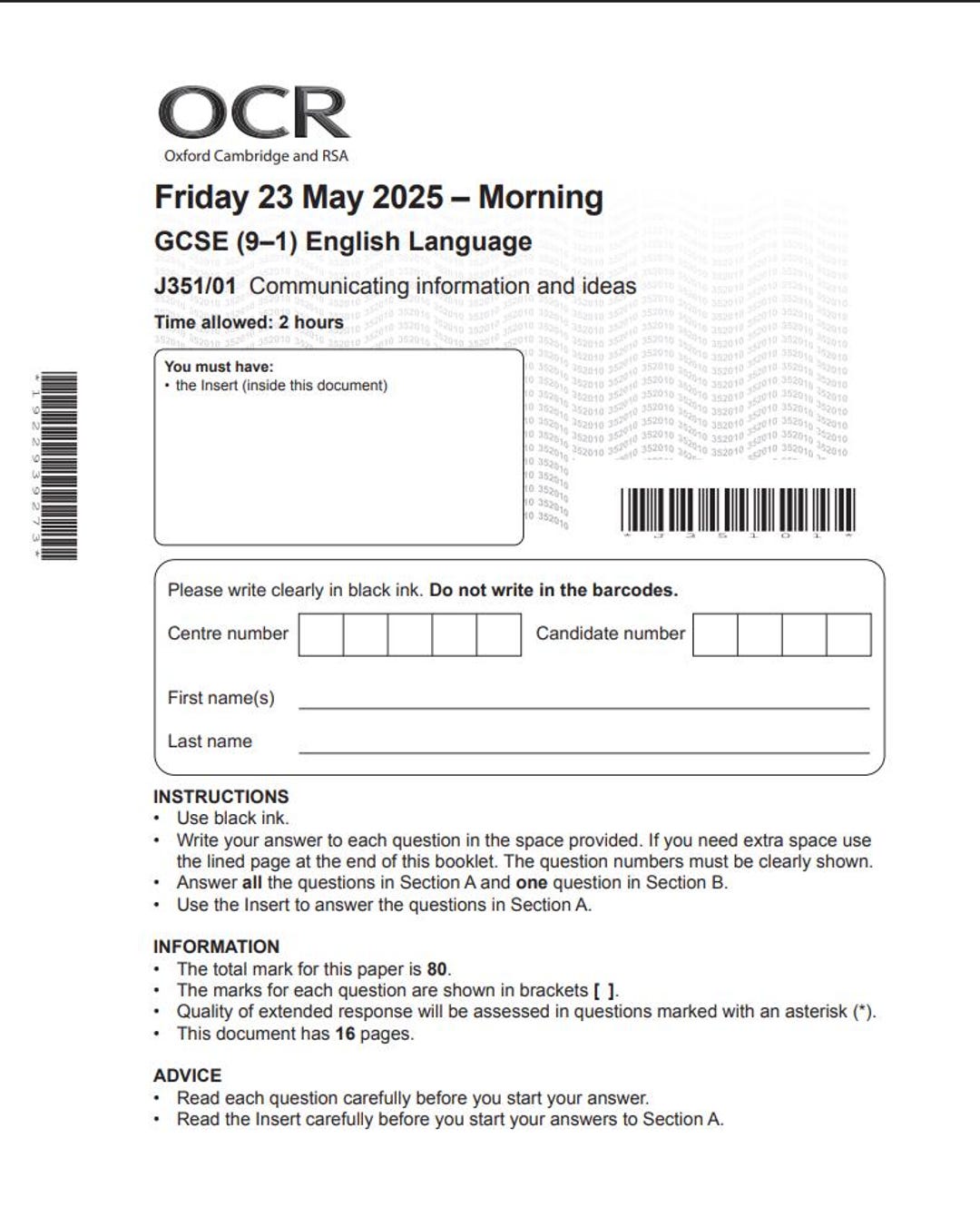 OCR GCSE English Language Paper 1 2025 Mark Scheme J351/01 - Etsy