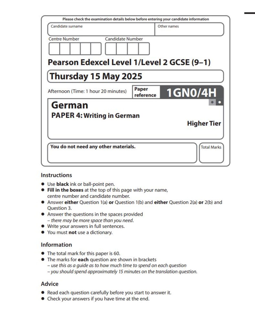 2025 Pearson Edexcel GCSE German Paper 4H and Mark Scheme 1GN0/4H - Etsy