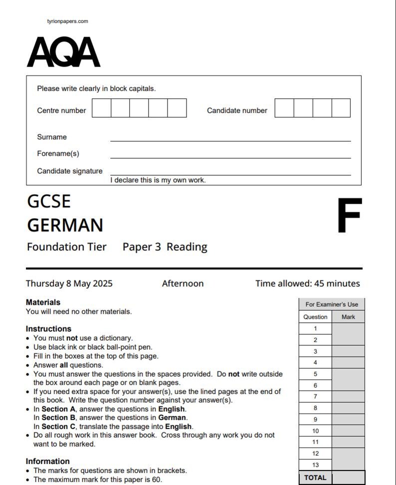 AQA GCSE German Paper 3 2025 Mark Scheme 8668/RF - Etsy
