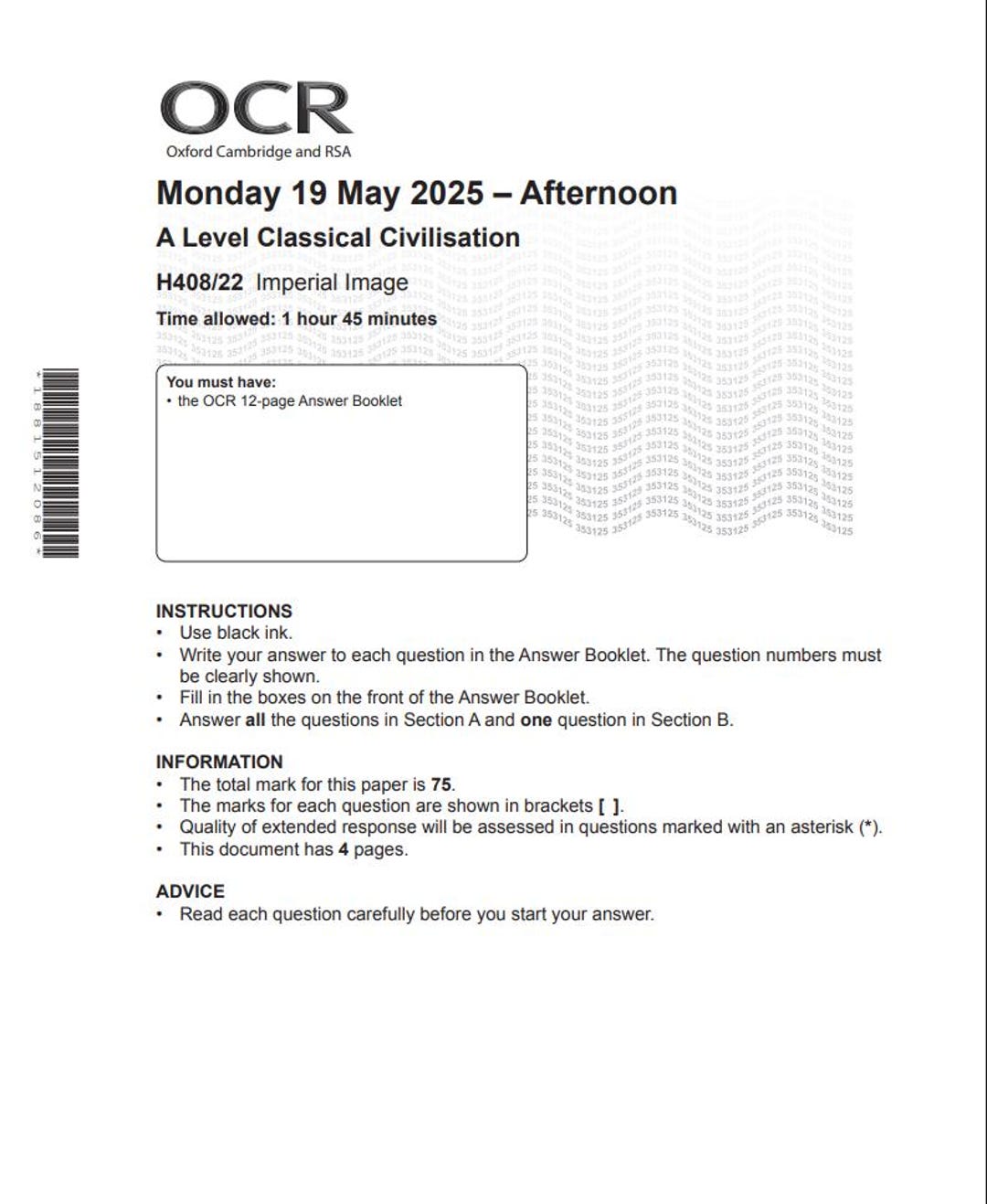 OCR AS Level Classical Civilisation Paper 22 2025 Mark Scheme H008/22 ...