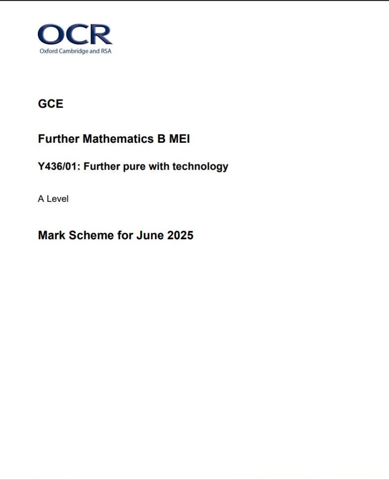 OCR A Level Further Mathematics B Paper 1 2025 Mark Scheme Y436/01 - Etsy