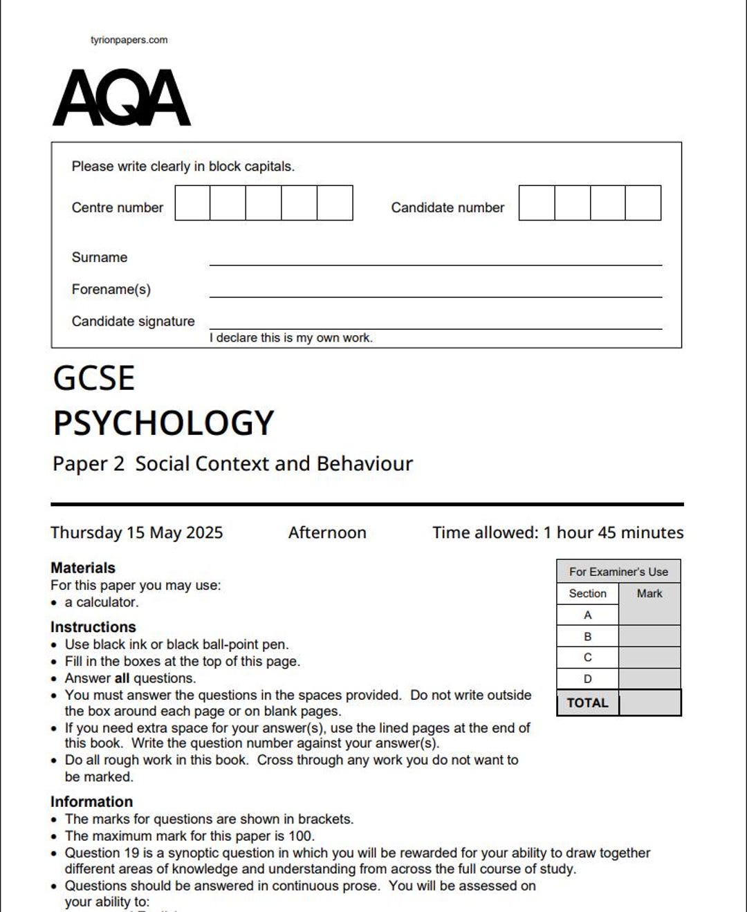 AQA GCSE Psychology Paper 2 and Mark Scheme 8182/2 - Etsy