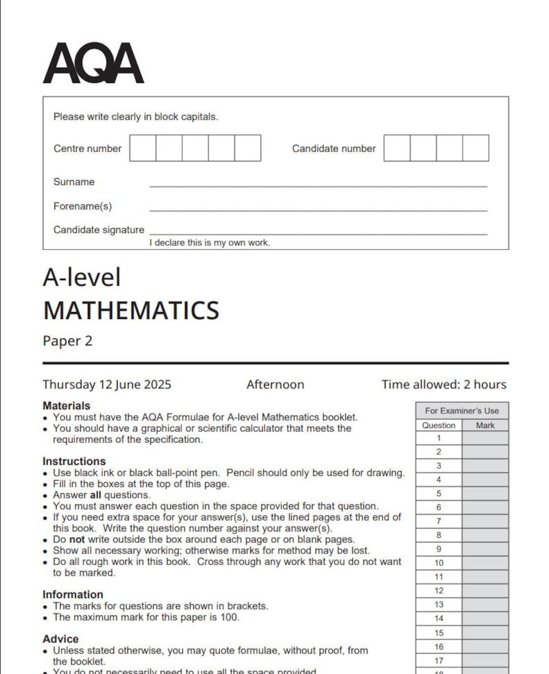 AQA A Level Mathematics Paper 2 2025 Mark Scheme 7357/2 - Etsy