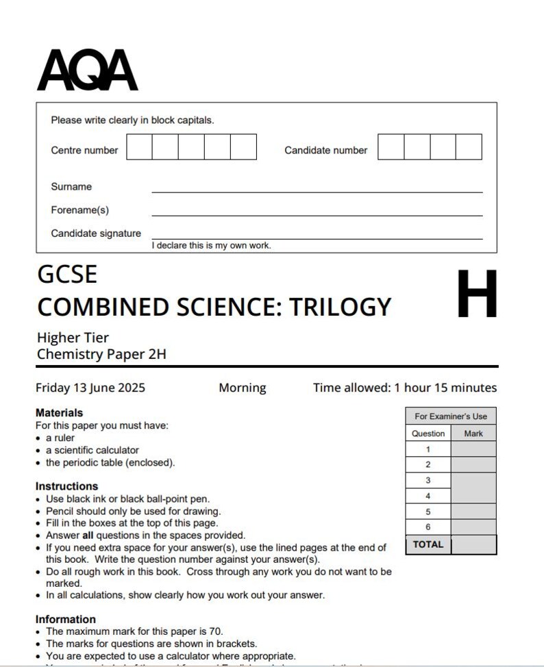 AQA GCSE Combined Science Trilogy Chemistry Paper 2h 2025 Mark Scheme ...