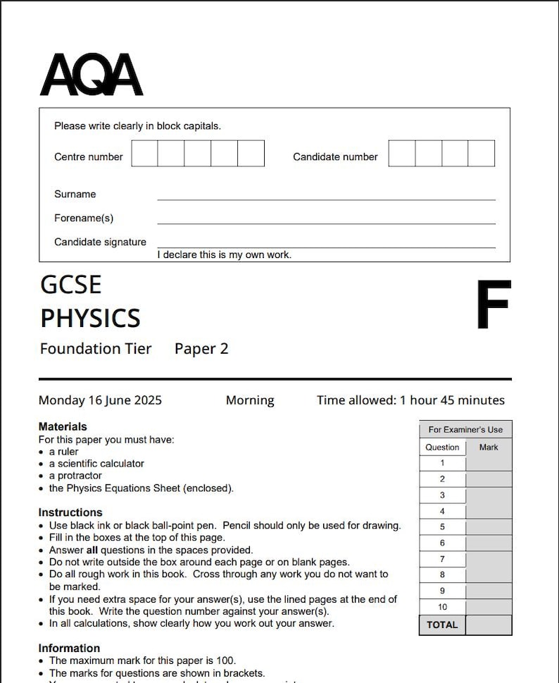 AQA GCSE Physics Paper 2 2025 Mark Scheme 8463/2F - Etsy UK