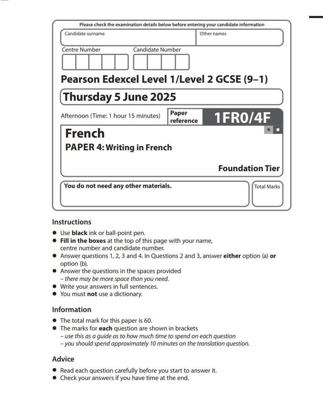 2025 Edexcel GCSE French Paper 4f Question Paper and Mark Scheme 1fr04f ...