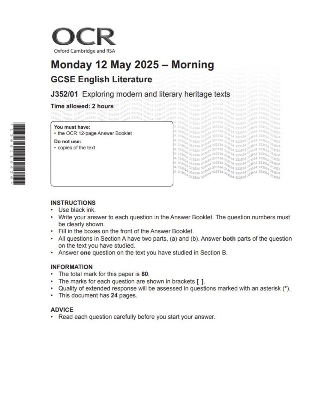 Esquema de calificación OCR GCSE Literatura inglesa, examen 1, 2025 ...