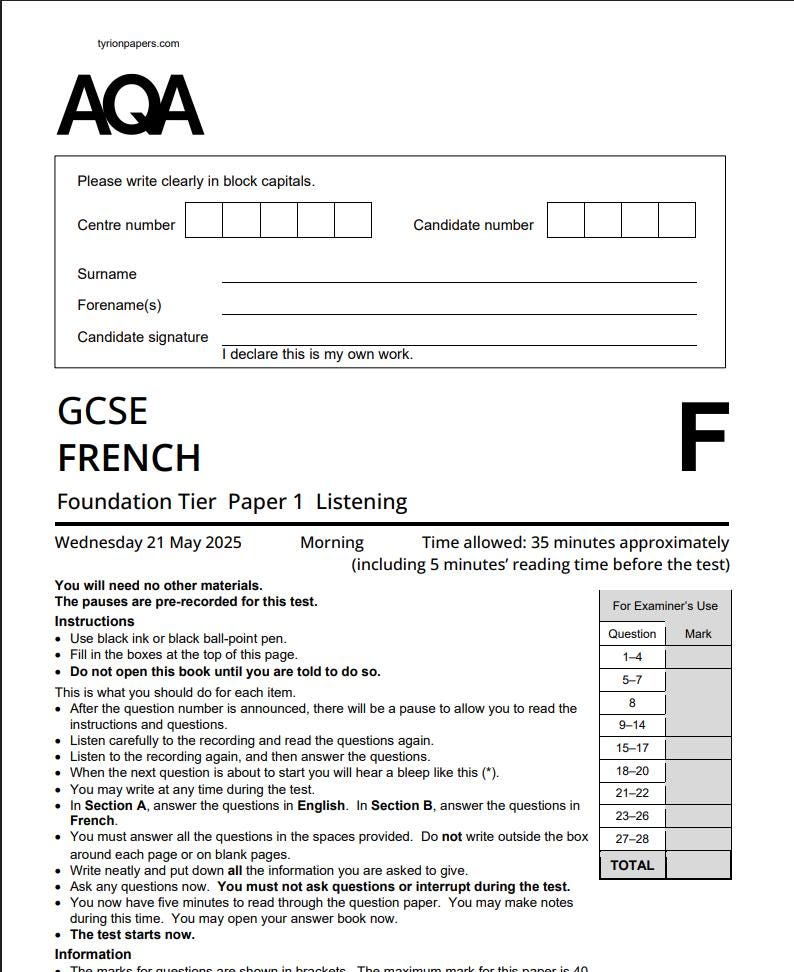 2025 AQA GCSE French Paper 1 and Mark Scheme 8658/LF - Etsy